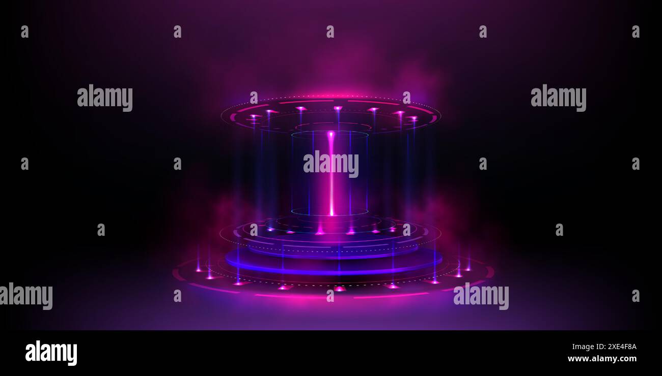 3d tech hologram podium or light portal platform. Pink neon game stage ...