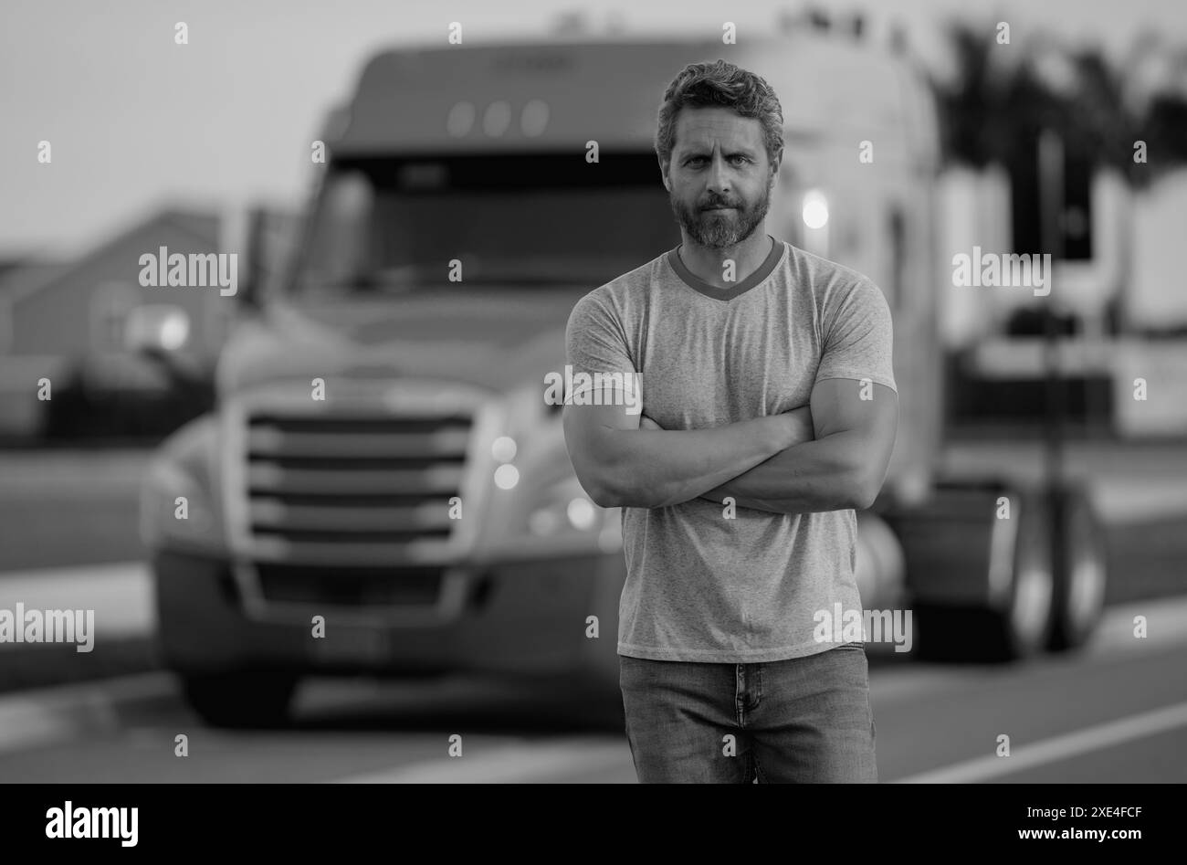 Men driver near lorry truck. Man owner truck driver in t-shirt near ...