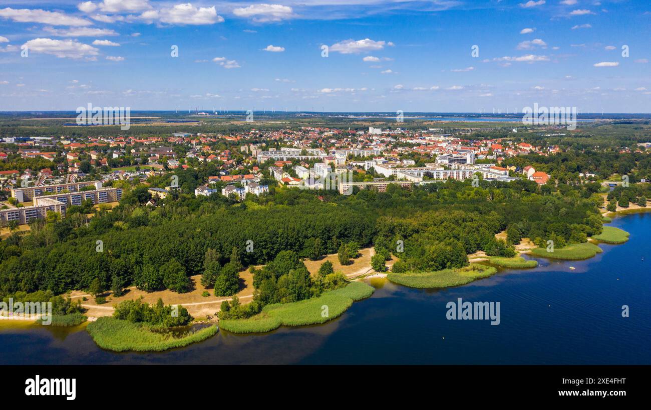 Aerial drone footage of a large, beautiful view of Senftenberg, a ...