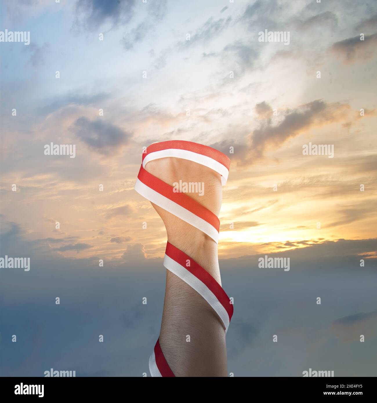 Hand with the indonesian flag wrapped around it is raised in the air ...
