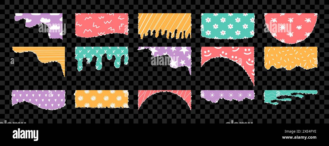 Set of torn paper with funny pattern. Trendy elements for collage ...