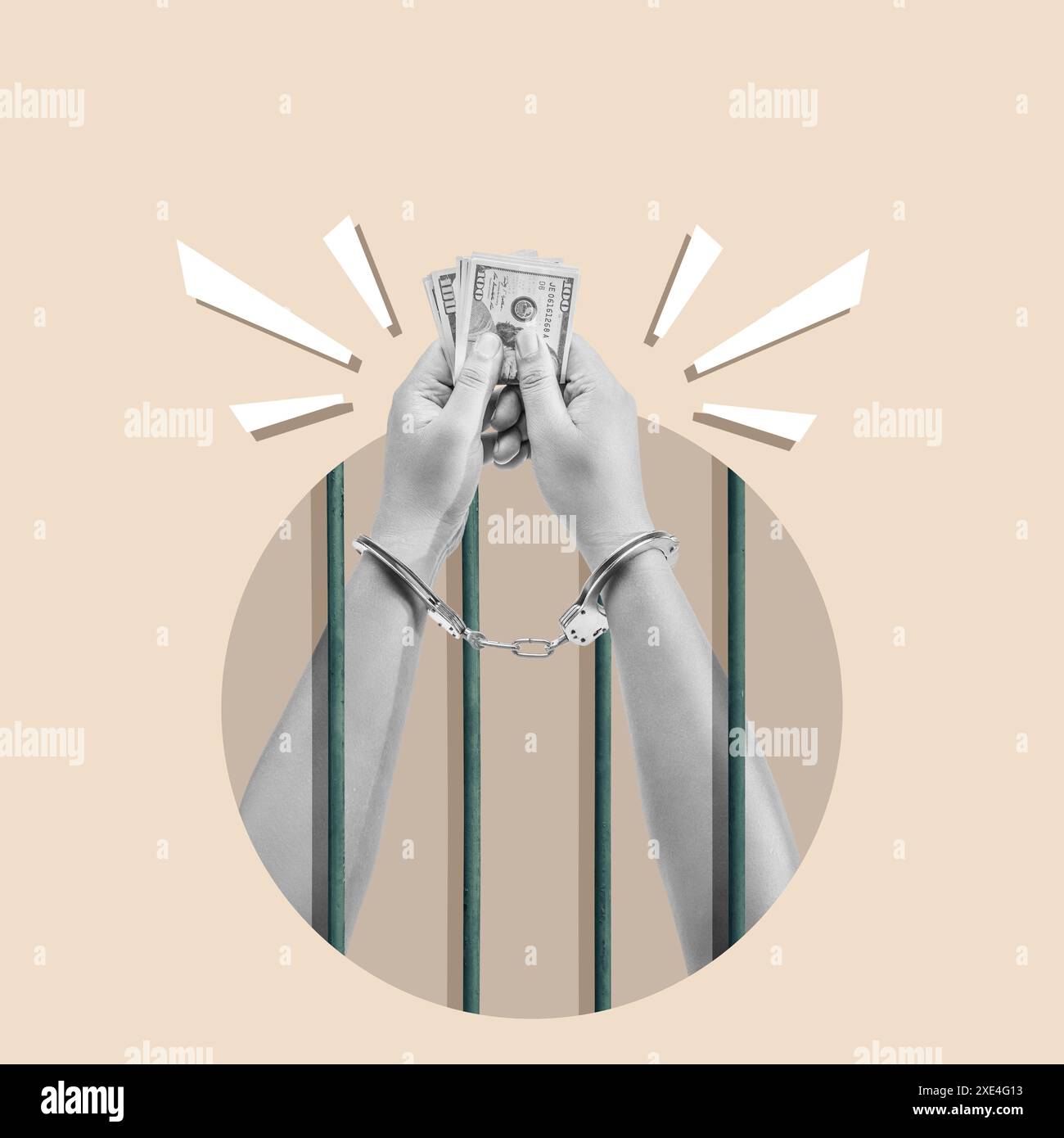 A human hand with a handcuff holding one hundred dollars banknote money ...