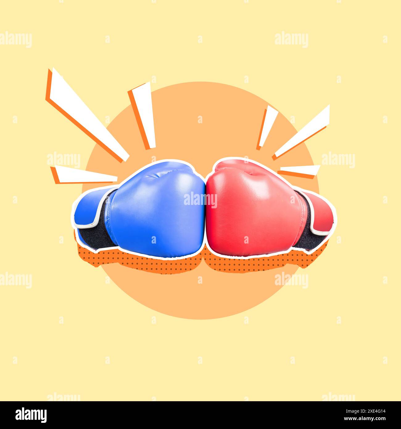 Two boxing gloves give a fist bump on a colored background. Collage art ...