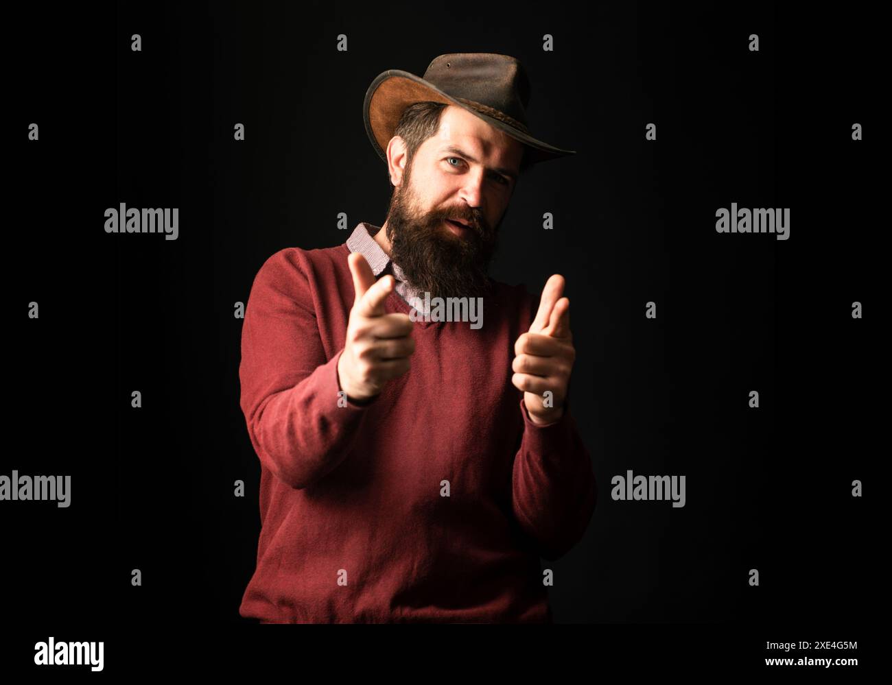 Cowboy man point fingers gun. Sheriff or marshal. American western ...