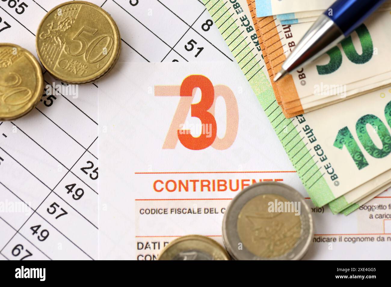 KYIV, UKRAINE - APRIL 20, 2024 many euro banknotes with the Modello 730 ...