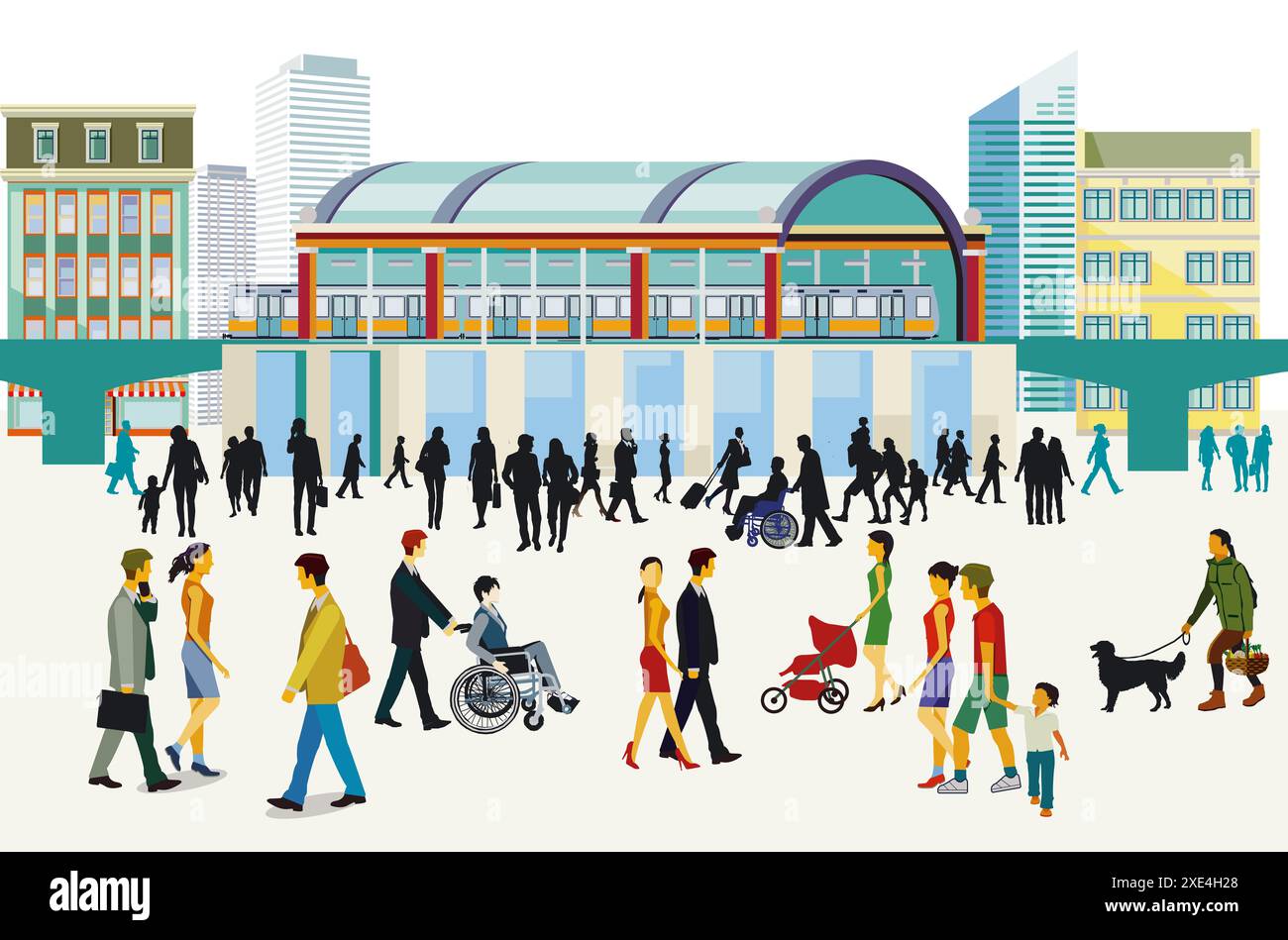 Big city with road traffic and train traffic illustration Stock Photo ...