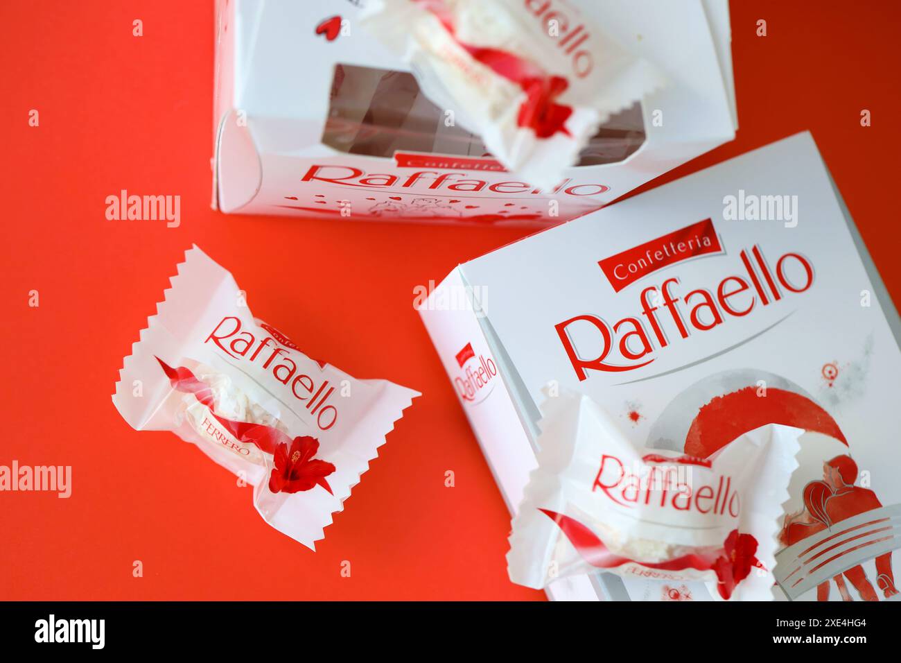 KYIV, UKRAINE - APRIL 20, 2024 Ferrero Raffaello premium sweets ...