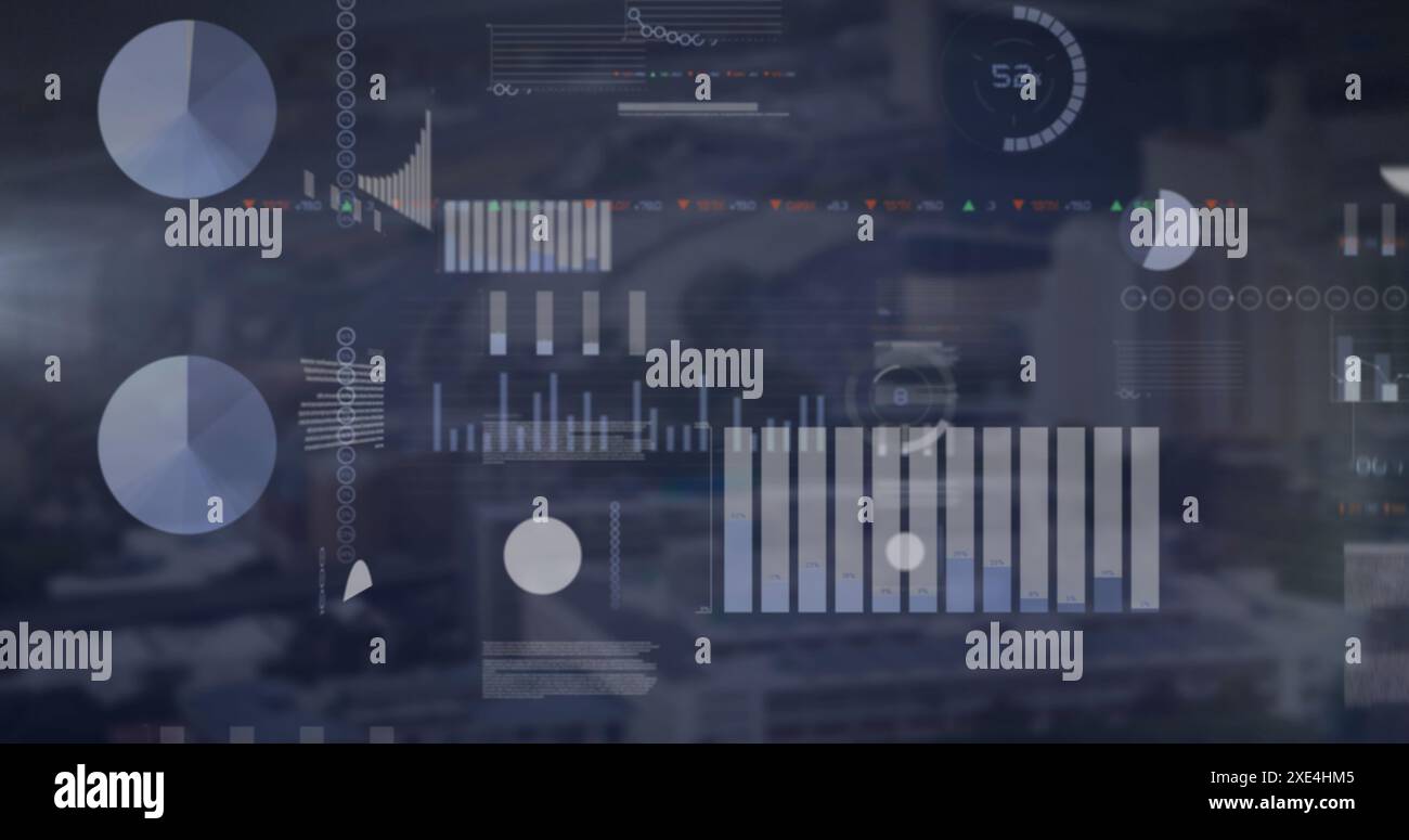 Image of multiple graphs, loading circles and trading board over modern city in background Stock ...