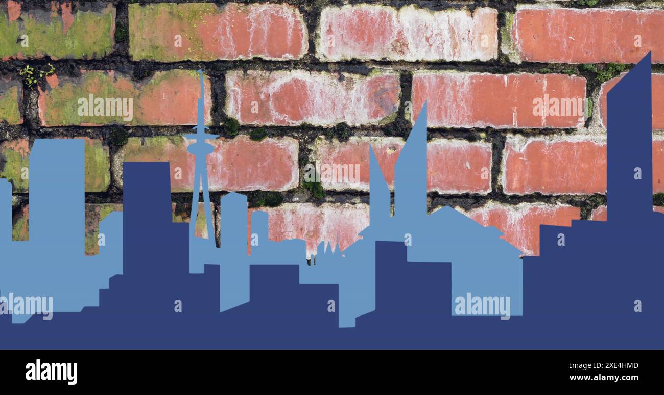Image of blue cityscape silhouettes moving over brick wall Stock Photo ...