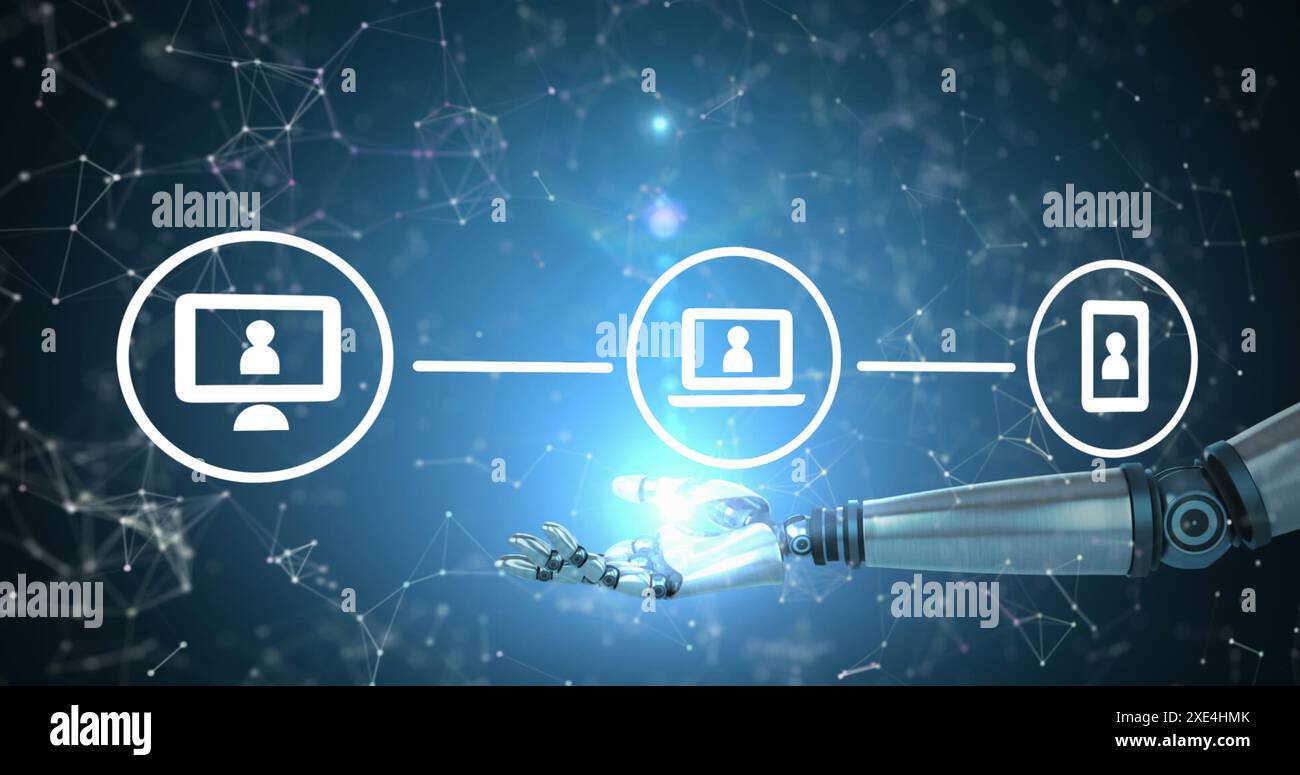 Image of robot arm holding flowchart with laptop, computer, phone icons ...