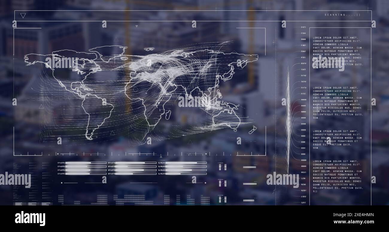 Image of loading bars, map and wave pattern over modern city in ...