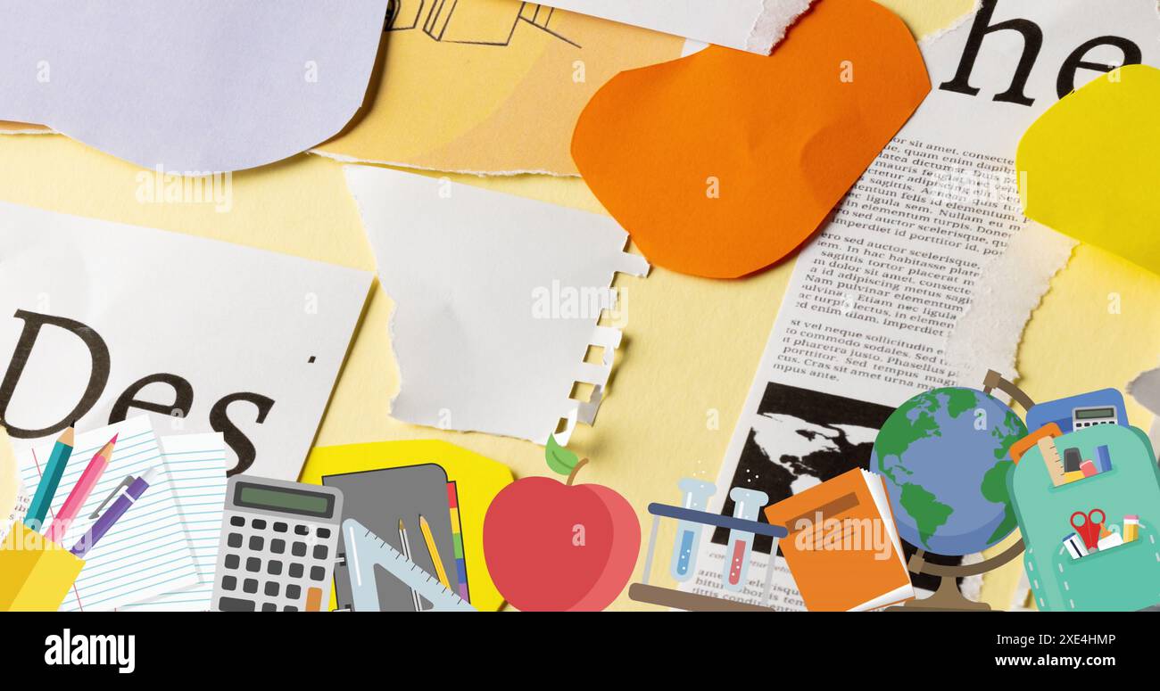Image of school icons over paper collage Stock Photo - Alamy
