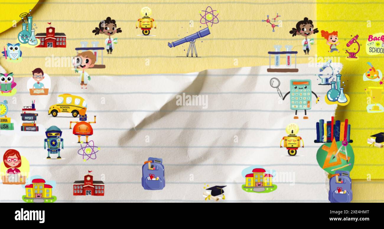 Image of school icons over paper collage Stock Photo - Alamy