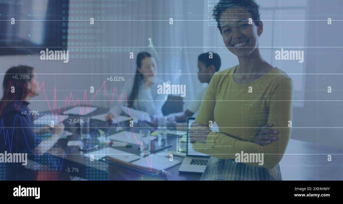 Image of binary codes, computer language and graphs, biracial woman standing arms crossed Stock ...