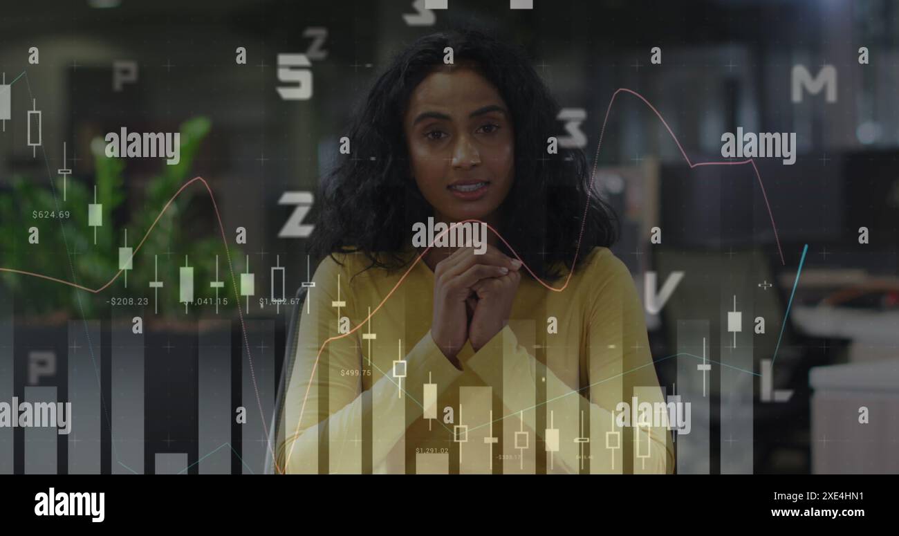 Image of data processing, changing alphabets over biracial woman having ...