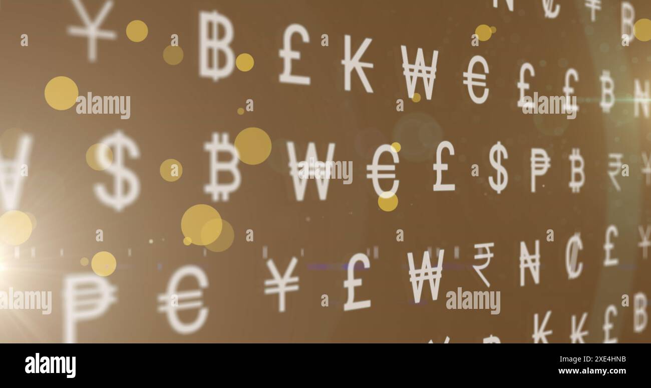 Image of multiple currency symbols over yellow spots and spots of light ...