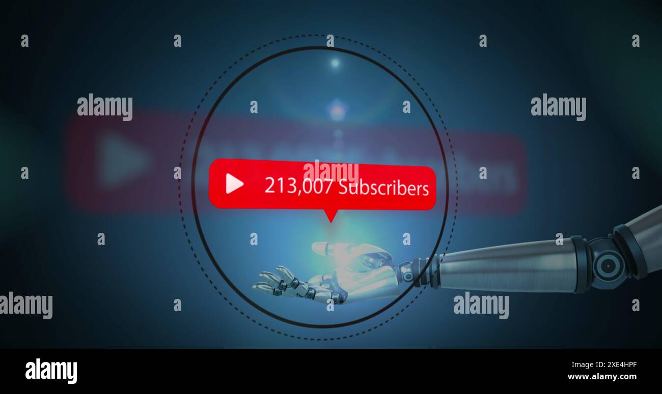Image of robot arm holding circle with subscribers notification, play ...