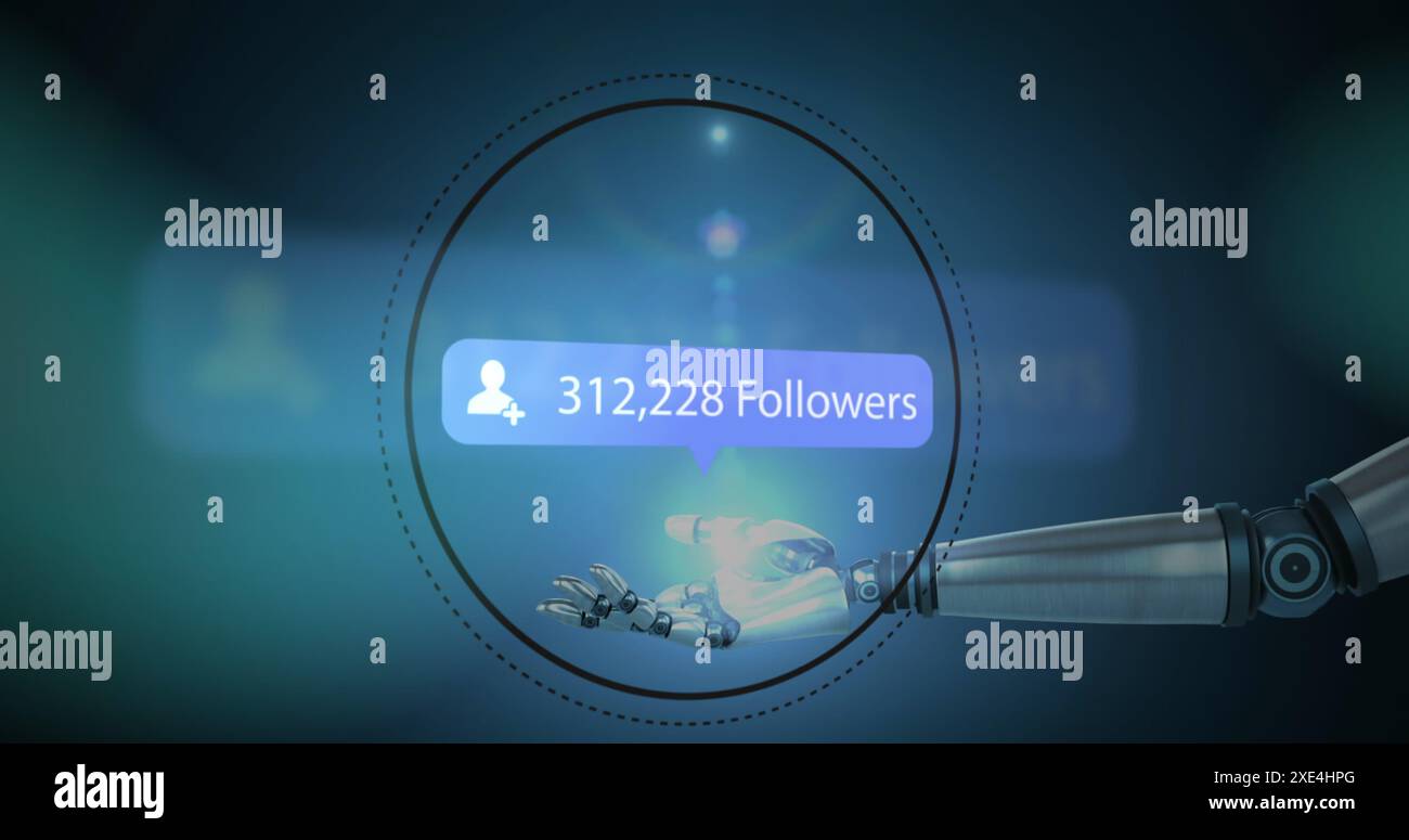 Image of robot arm holding followers notification with person icon and ...