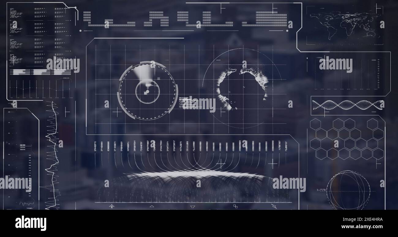 Image of radar, globe, loading bars over modern city in background ...