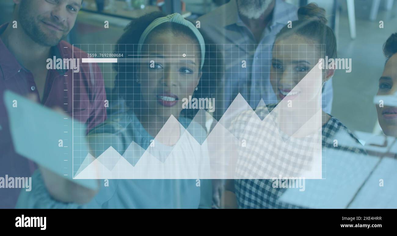 Image of graphs, loading bar, diverse coworkers discussing strategy on ...