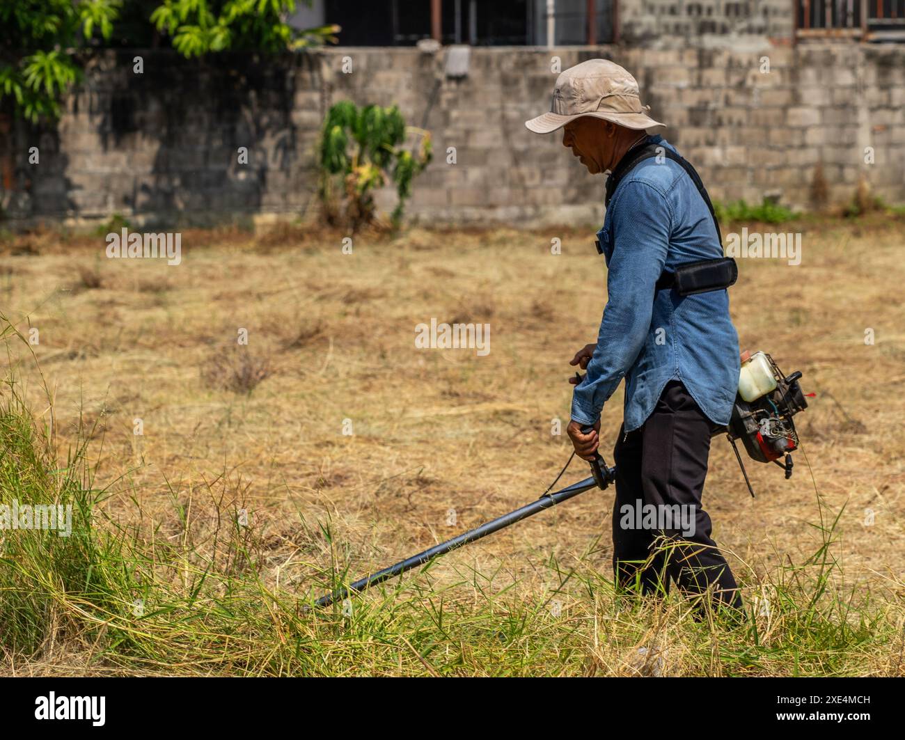 Men strimmer field, brush cutter Stock Photo - Alamy