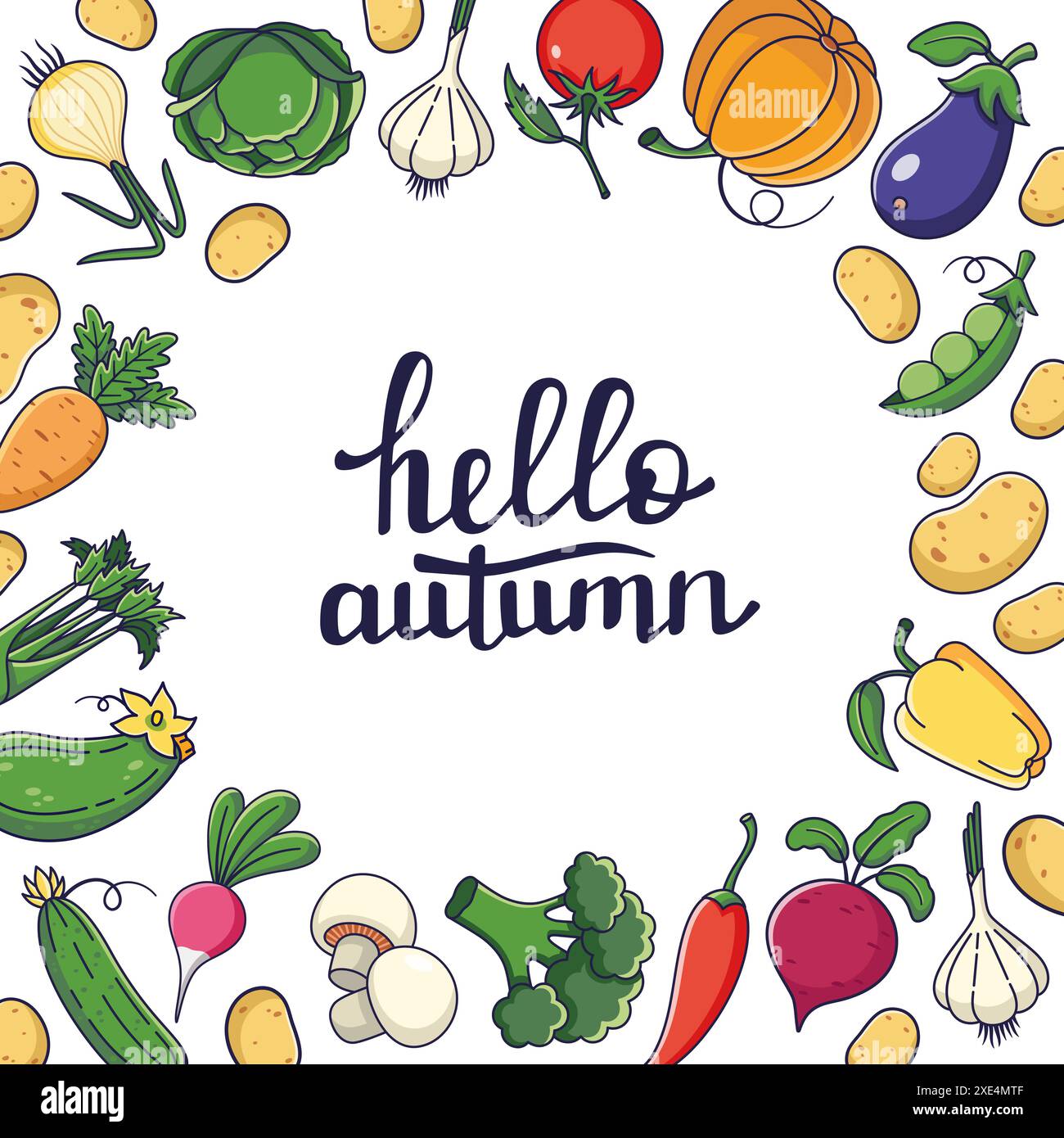 Cute vegetables Decorative round frame. Vector illustration isolated on ...