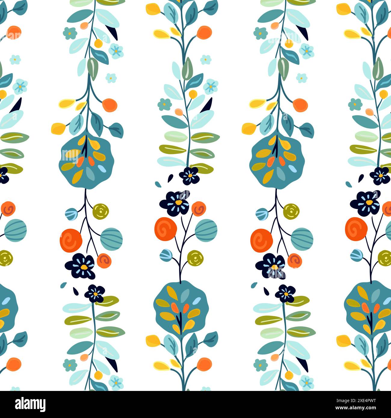 Seamless pattern featuring bright forest trees and flowers in folk art ...