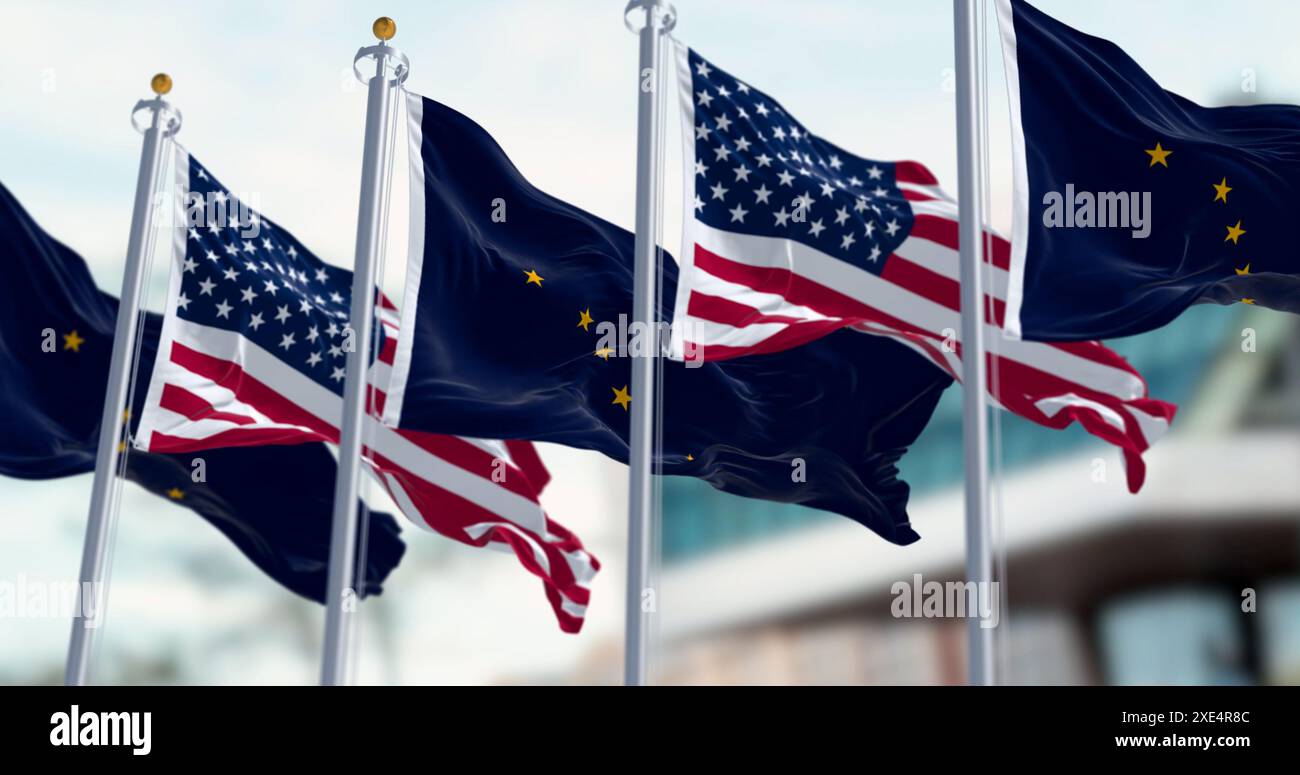 Alaska state flag waving in the wind behind the national flag of the US ...