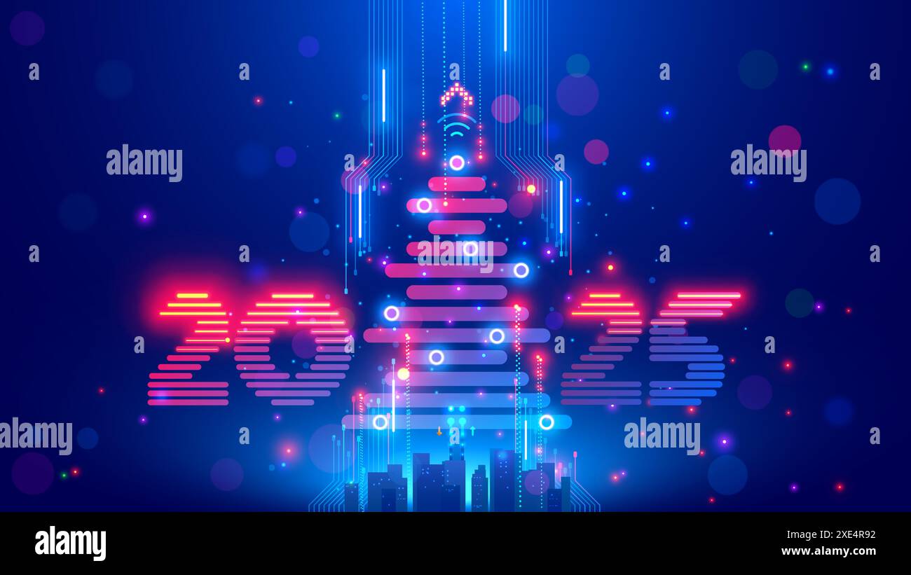 Christmas poster with christmas tree, digits 2025 in electronic ...
