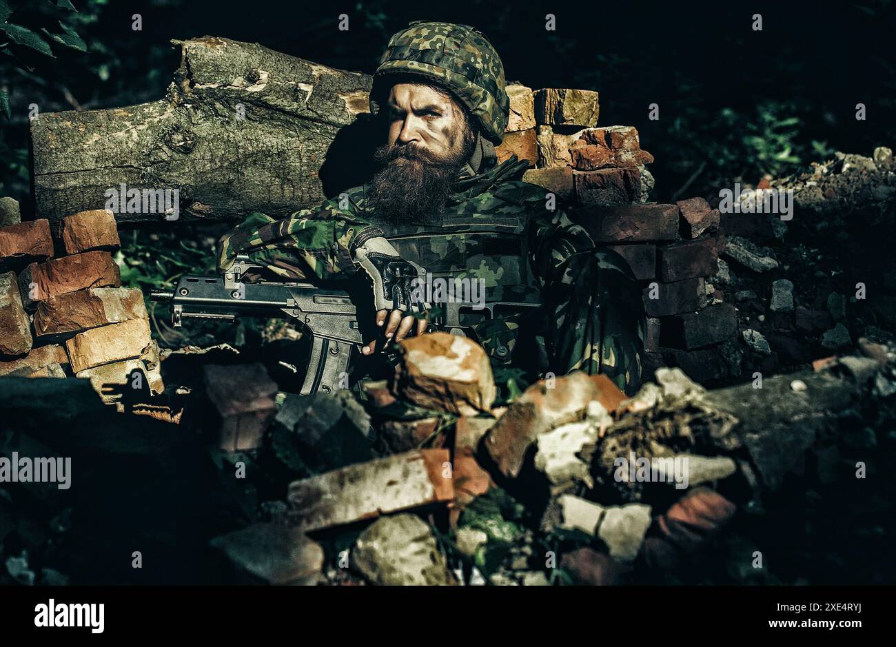 Military operation. Shooting with assault rifle and machine gun ...