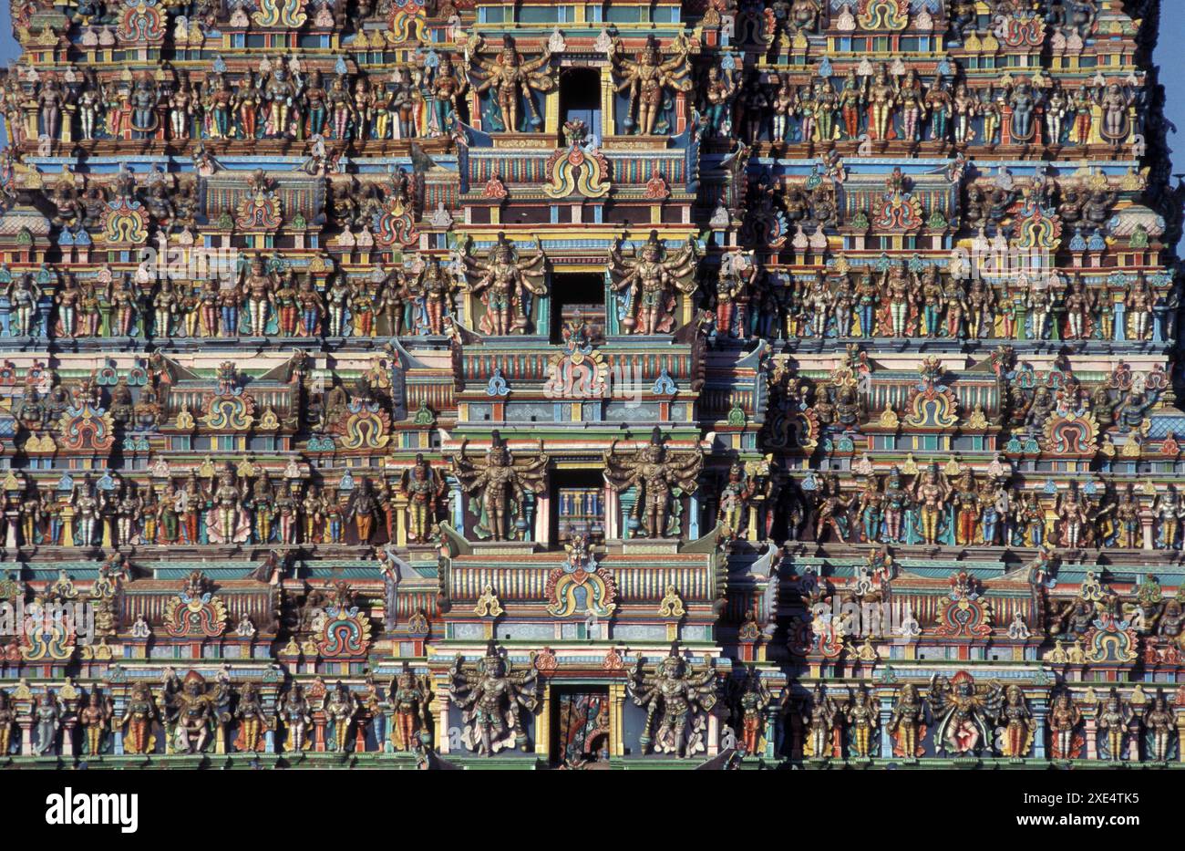 Hindu carving figures at a Tower of the Meenakshi Amman Temple in the ...