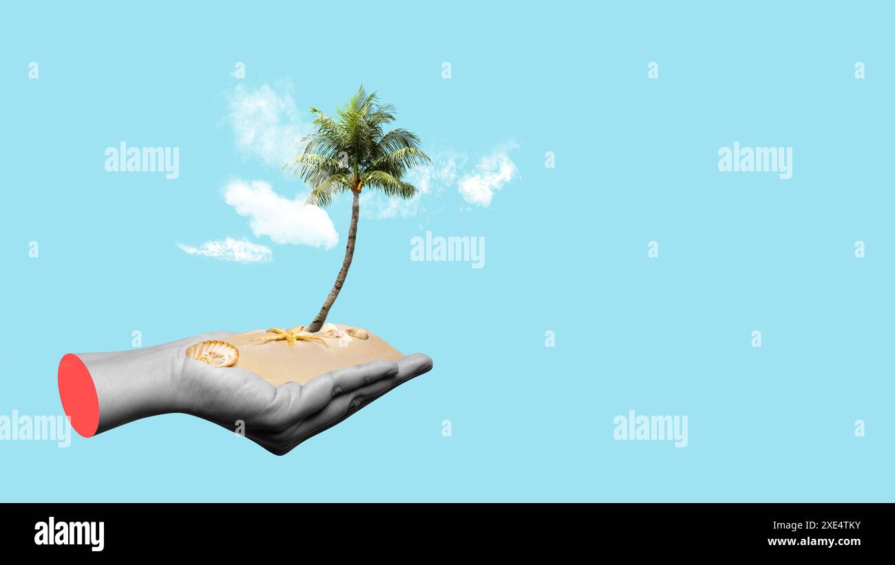 A human hand showing a coconut tree on the beach with a colored ...