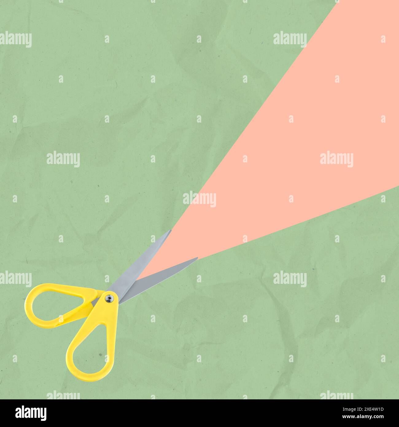 Scissor cutting a paper with a colored background. Collage art Stock ...