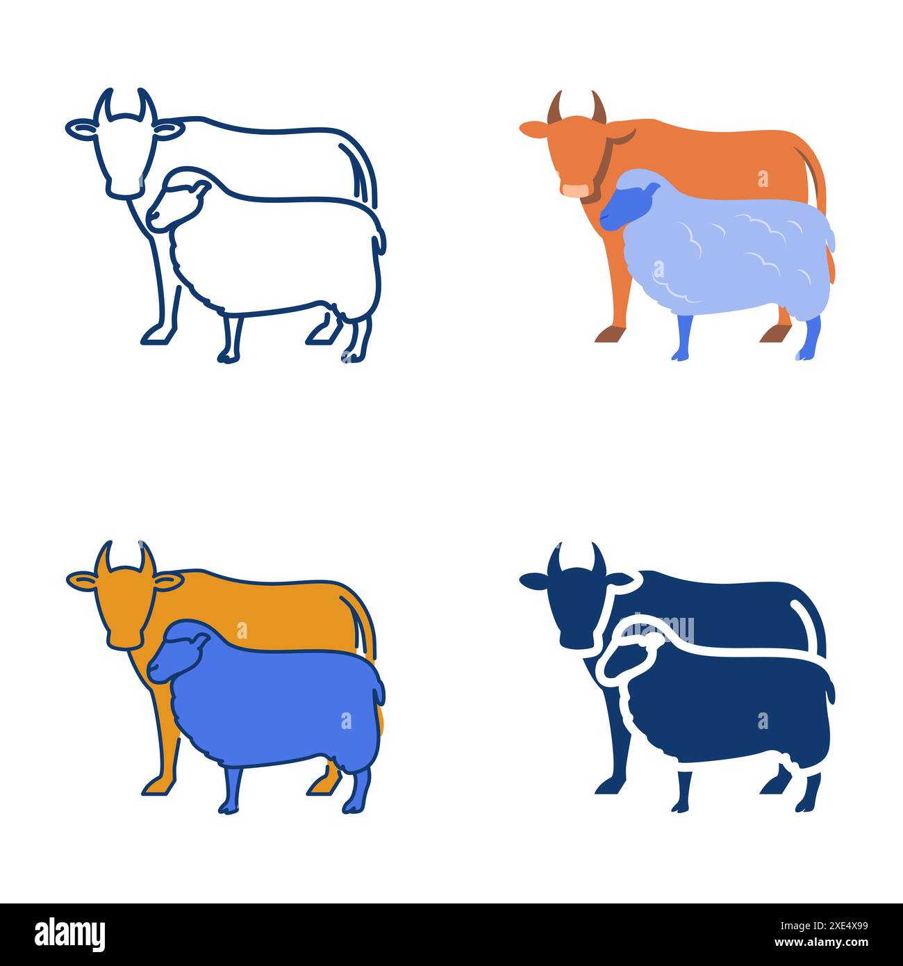 Farm animals, livestock icon set in flat and line style. Cow and sheep ...