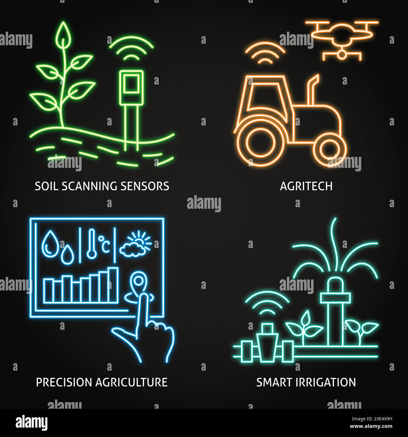 Smart agriculture neon icon set. Agritech, soil scanning, automatic ...