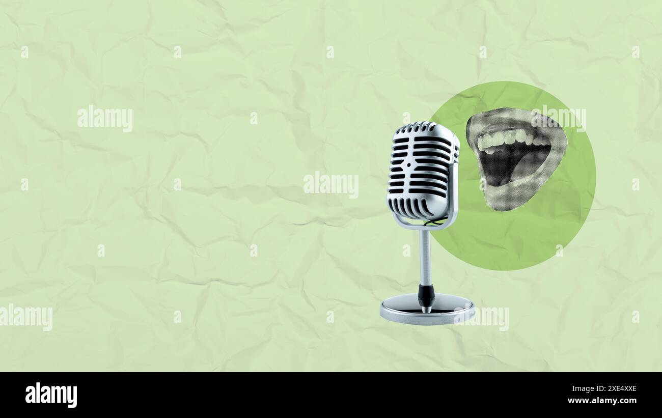 A human mouth talking into a microphone on a colored background ...