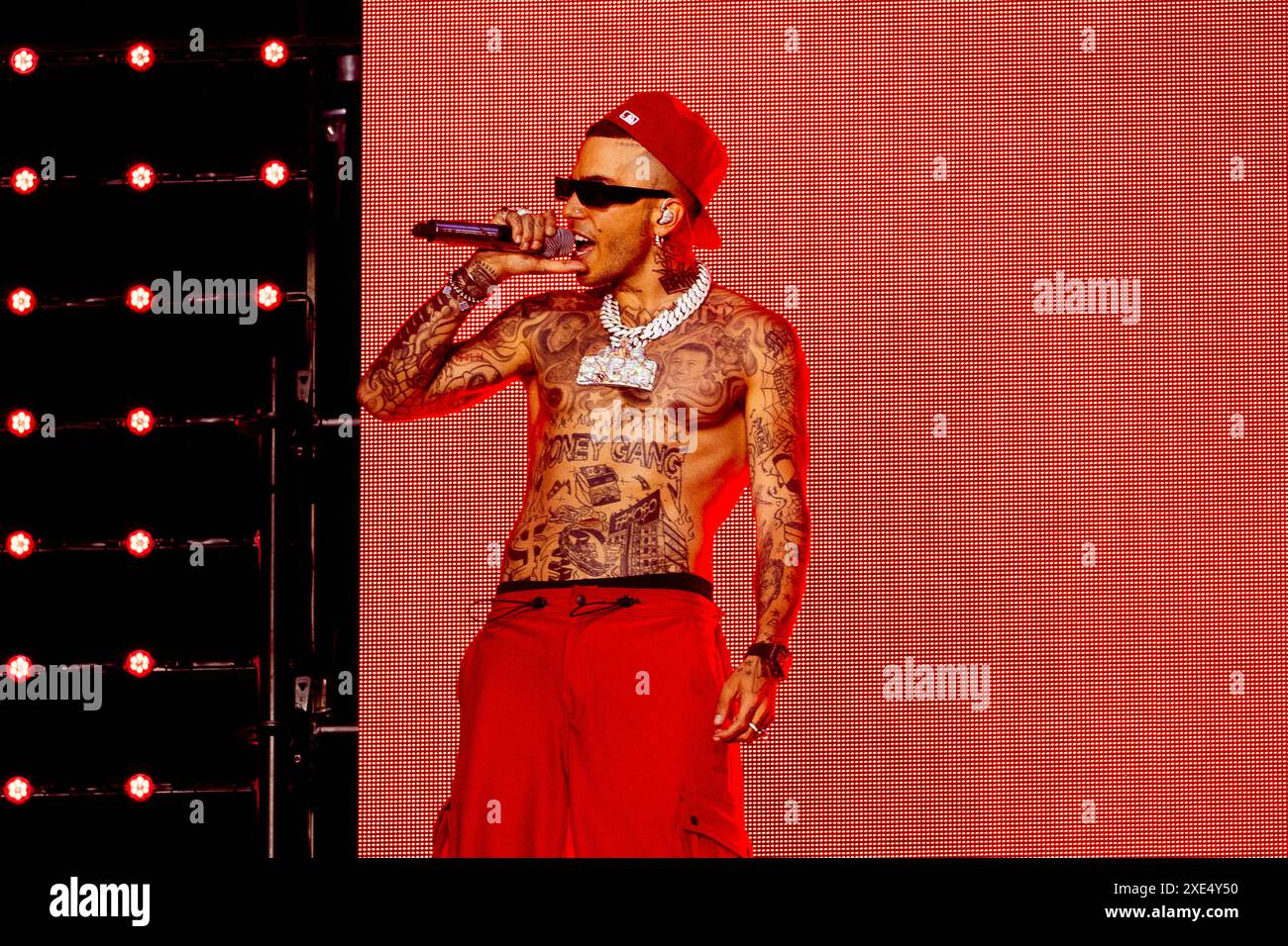 Sfera Ebbasta performs live in concert at San Siro stadium in Milano, Italy, on June 25, 2024 ...
