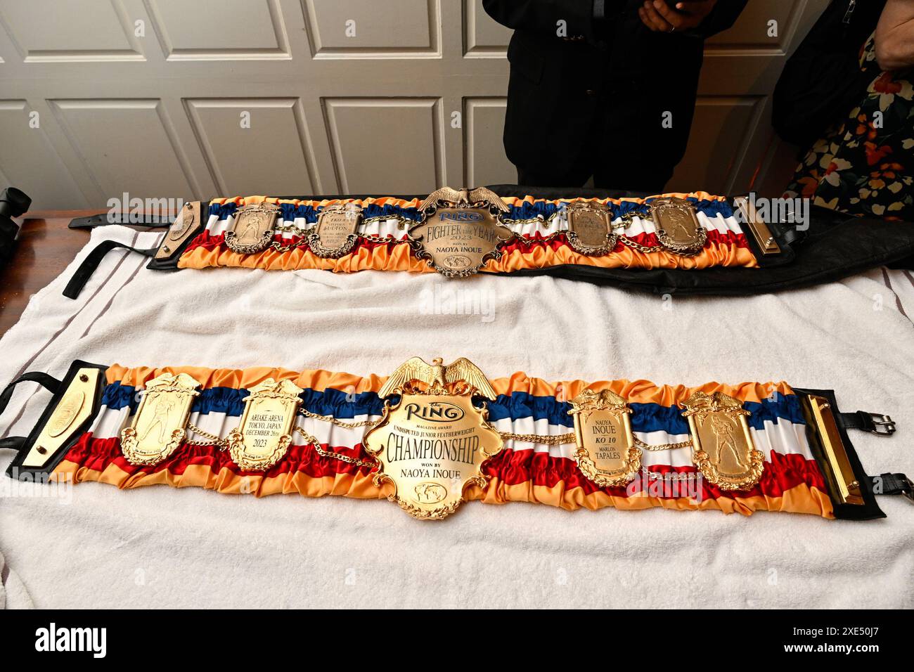 Championship belts prepared for Naoya Inoue of Japan, the undisputed ...