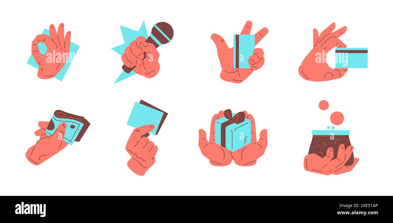 Human cartoon hands different gesture holding stuff big set icon vector ...