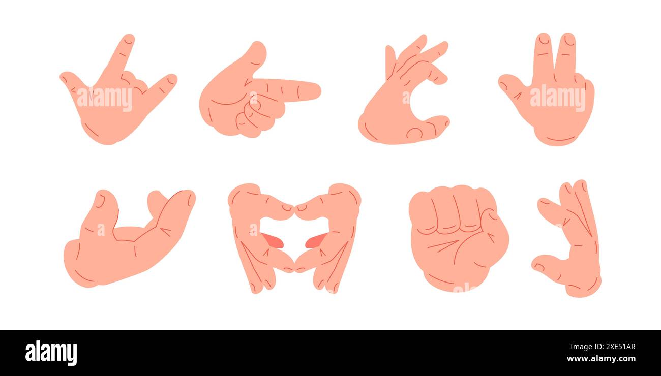 Male cartoon hands showing different gesture fingers position big set ...
