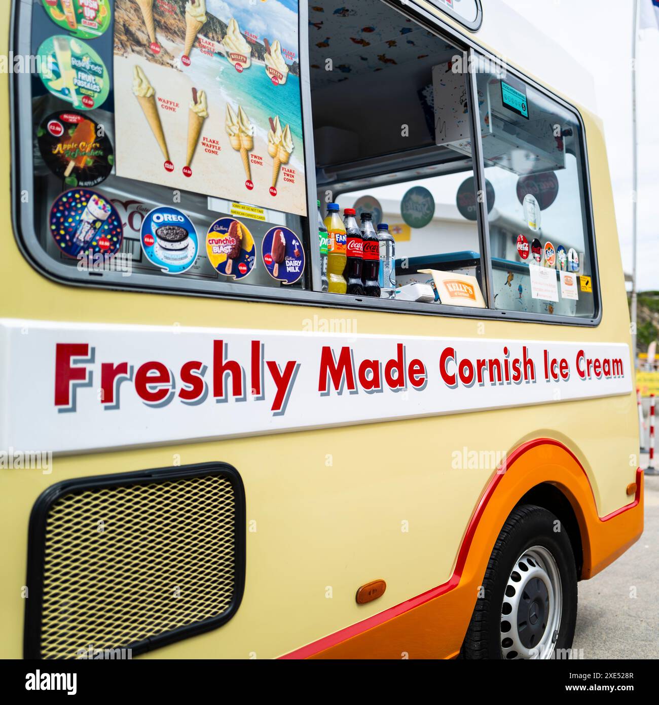 Freshly made Cornish ice cream message advertised on the side of an ice ...