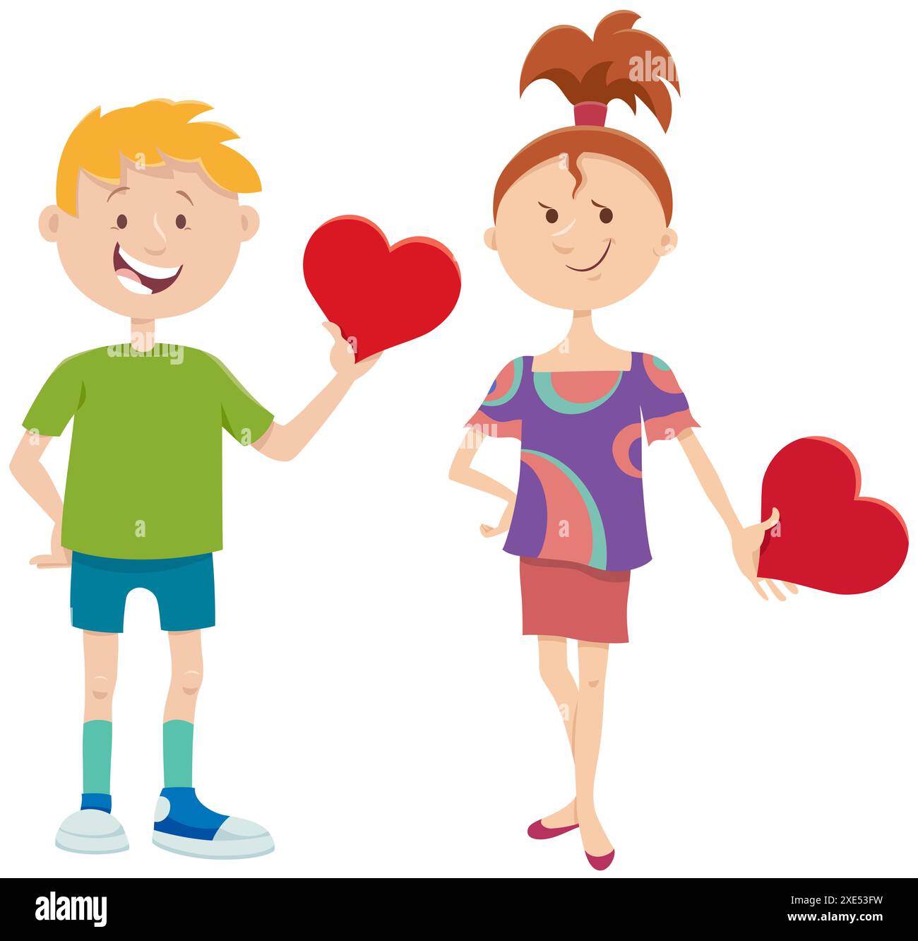 Cartoon girl and boy characters with Valentines Day cards Stock Photo ...