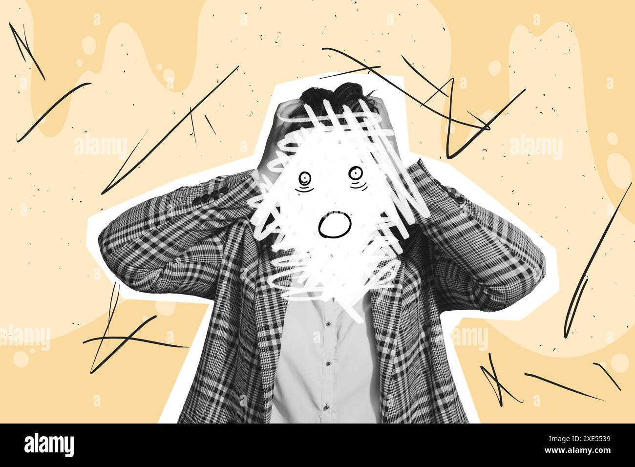 Creative picture collage young girl emotional expression drawing face ...