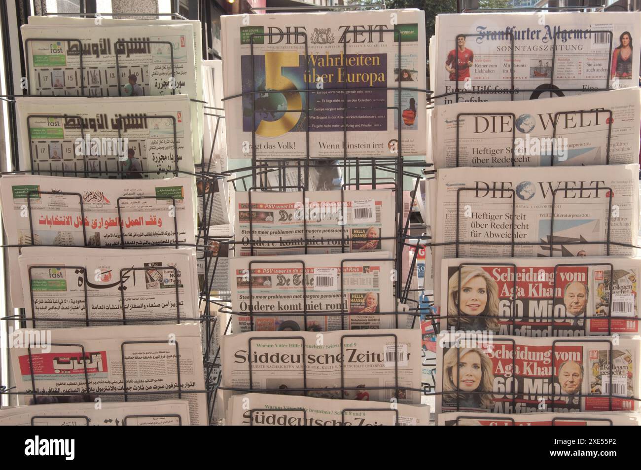 Newspaper stand with newspapers in many languages from many differenet ...