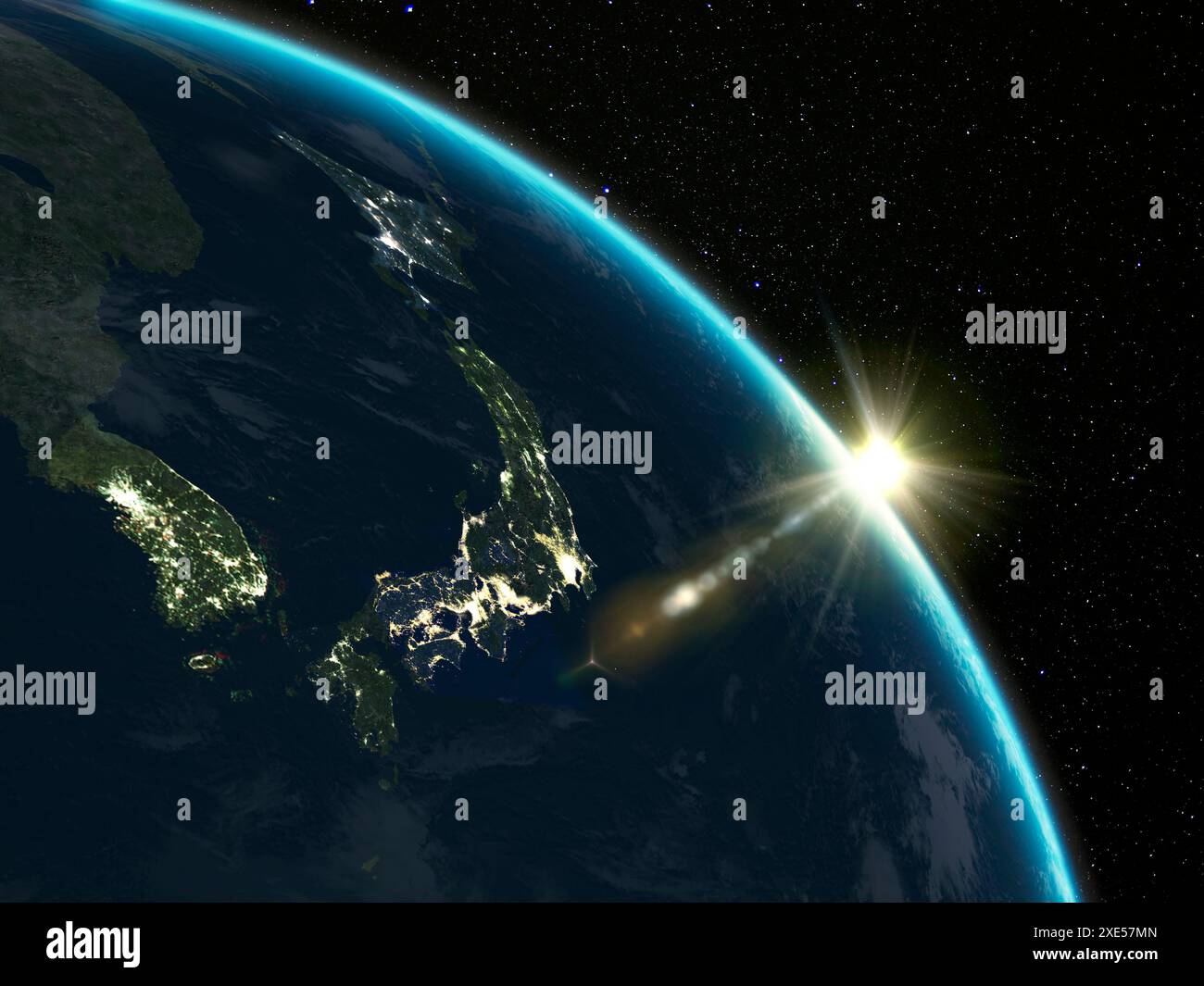 Night view of Japan and the sun seen from space Stock Photo - Alamy