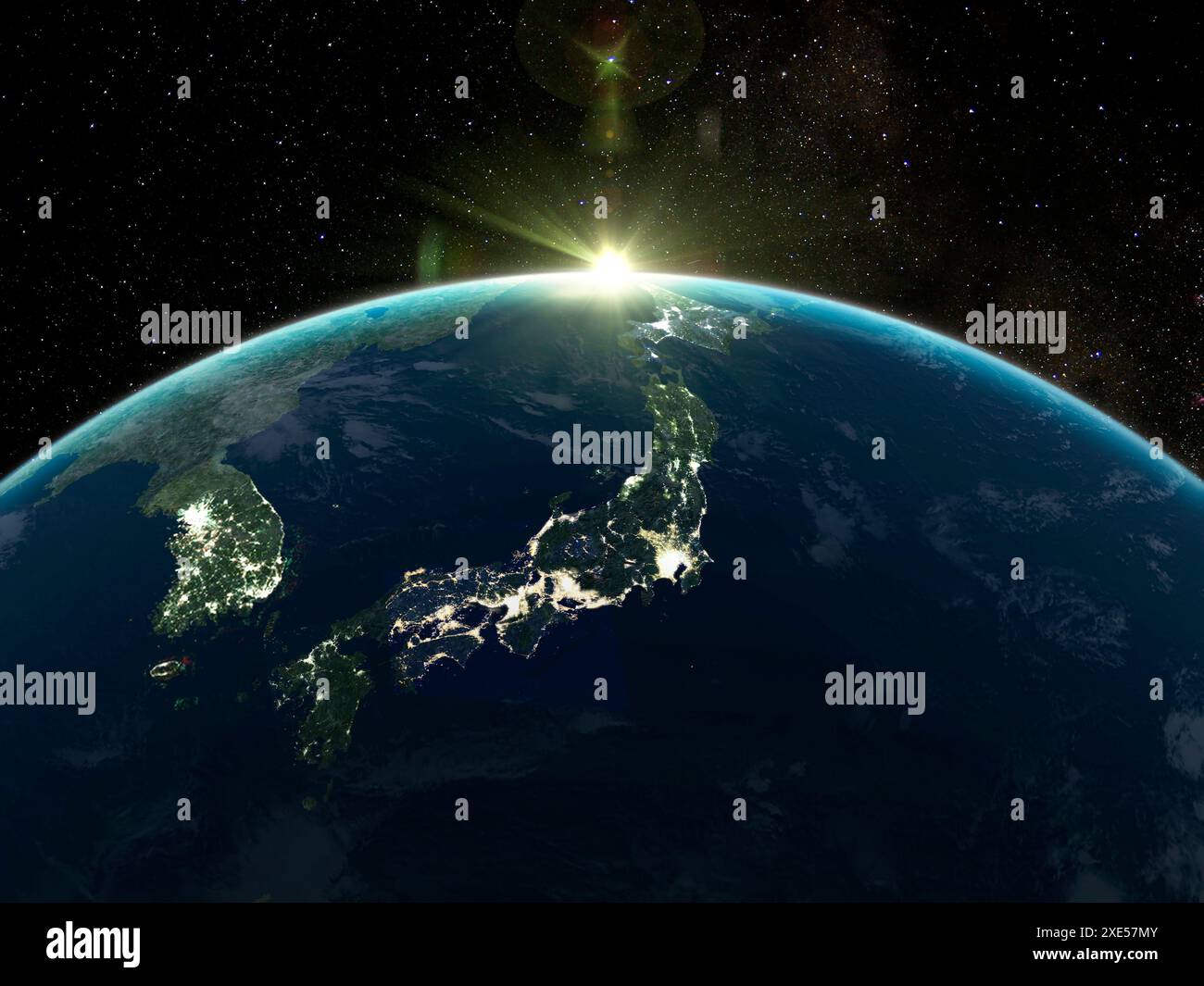 Night view of Japan and the sun seen from space Stock Photo - Alamy