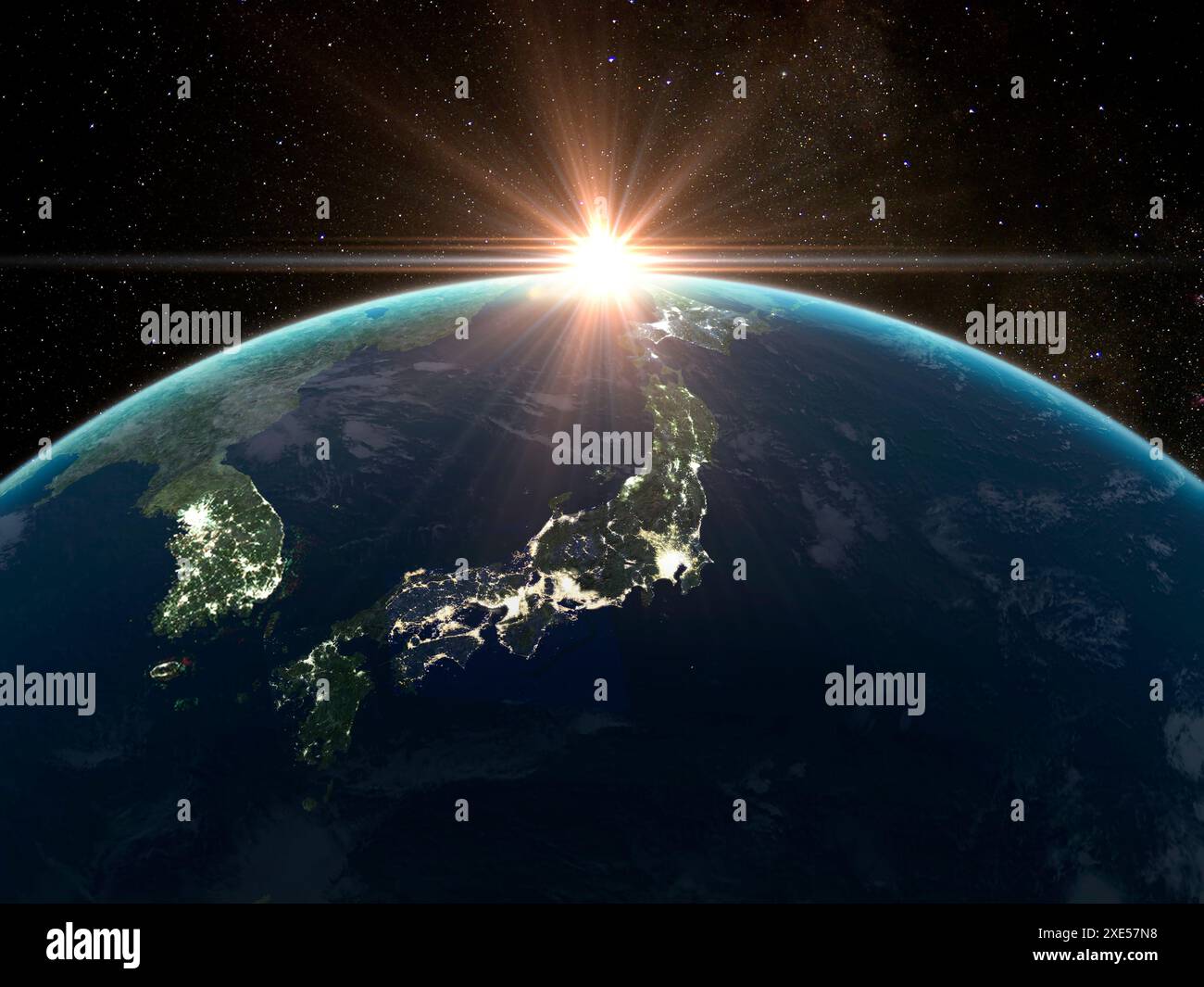 Night view of Japan and the sun seen from space Stock Photo - Alamy