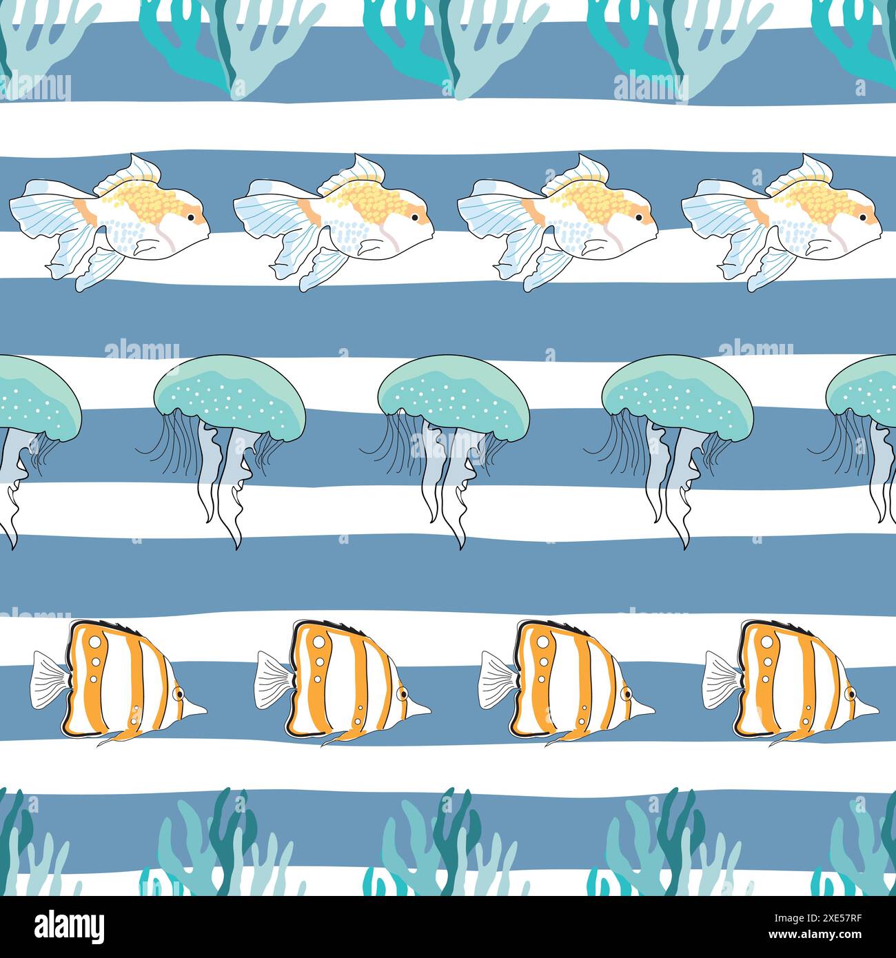Seamless pattern undersea with corals, fish, and jellyfish Stock Vector ...