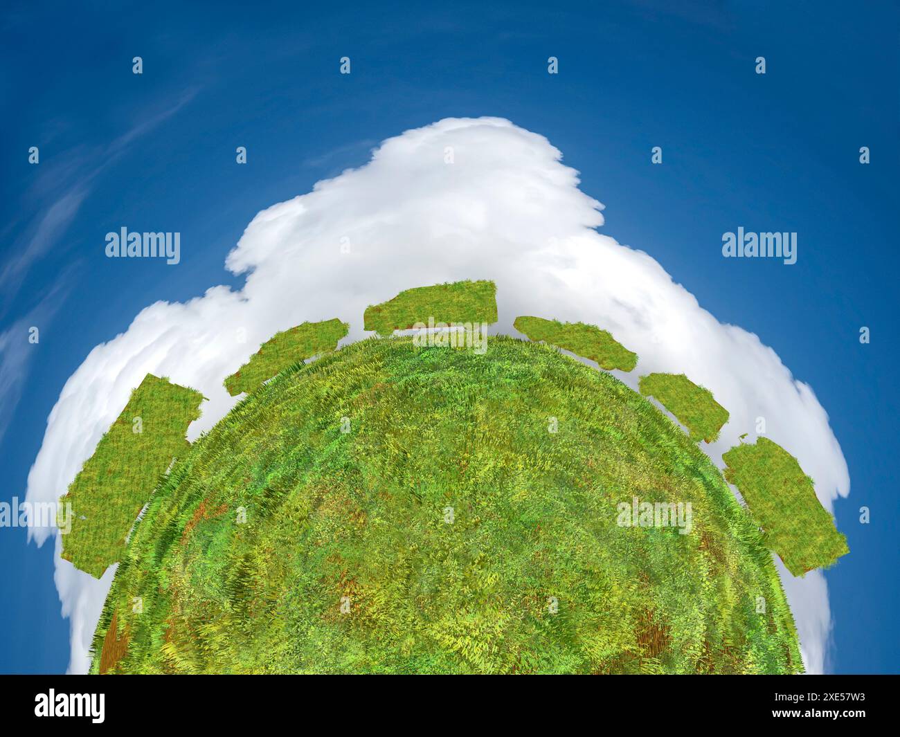 Row of cars moulded in spherical shape with green grass and blue sky ...