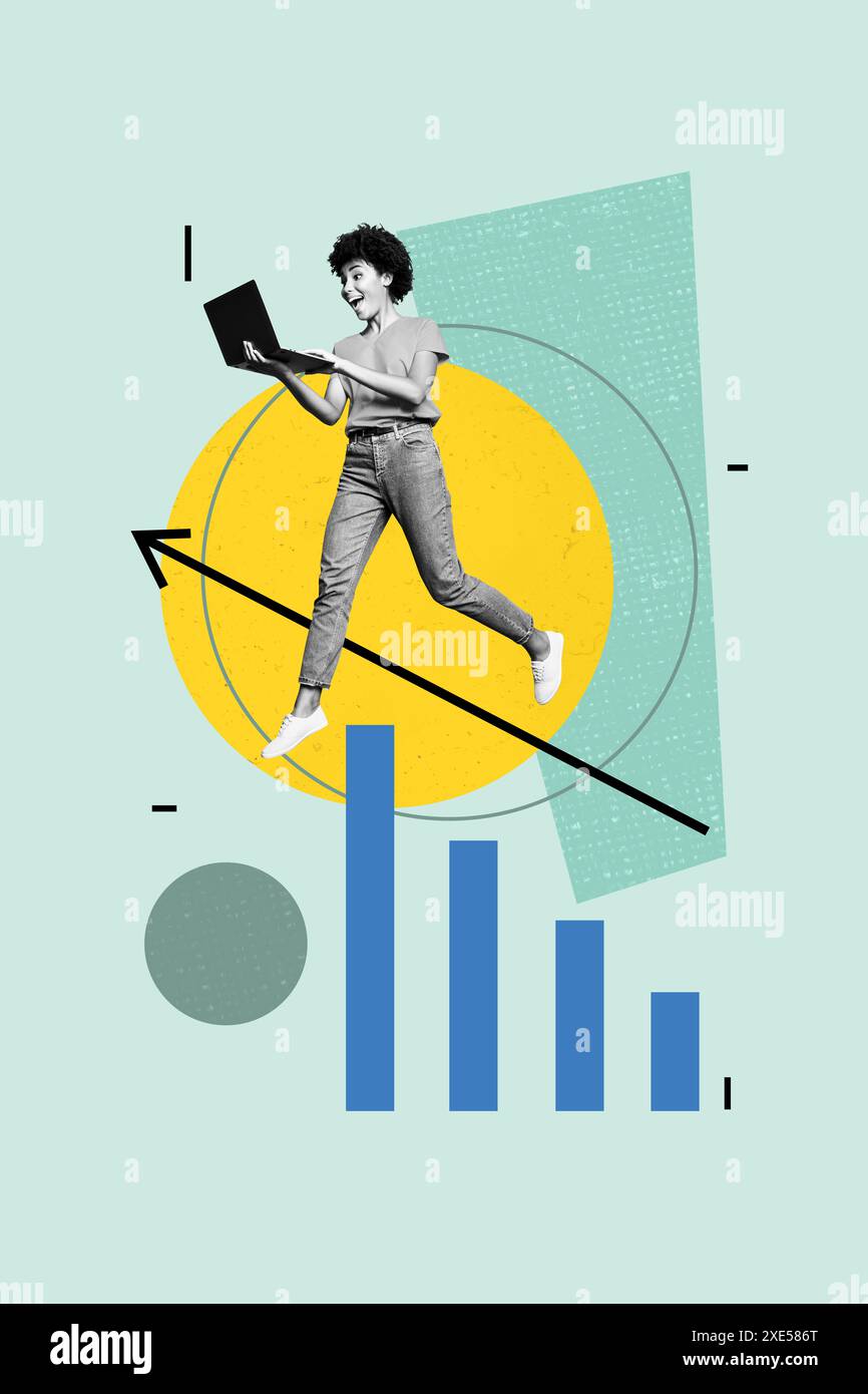 Vertical collage picture young woman charts progress improvement stats ...